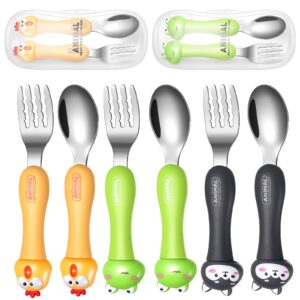 6 pieces toddler utensils baby spoon fork set toddler flatware set with travel case baby feeding training spoons forks with cute cartoon handle stainless steel baby angled spoons for age over 6