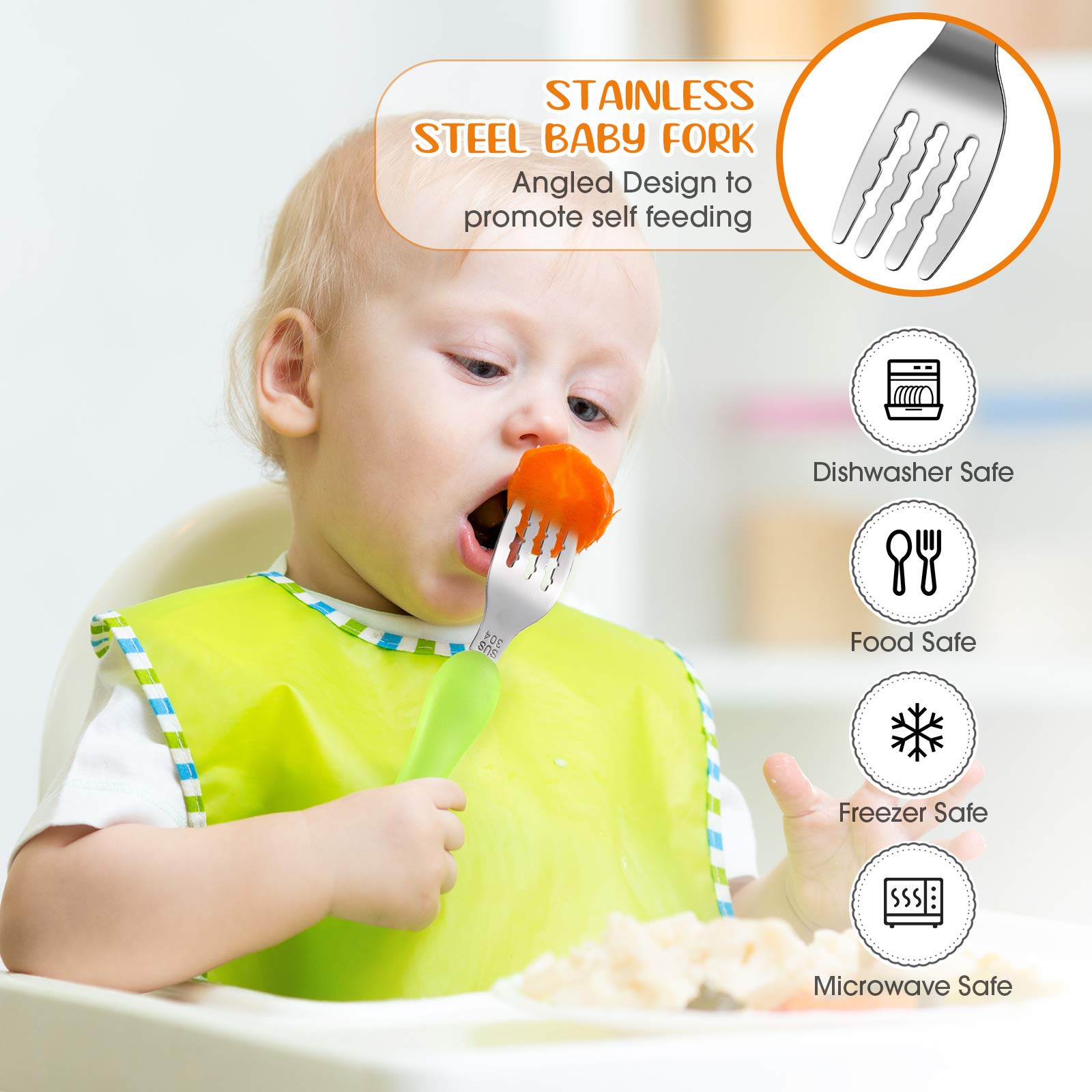 6 Pieces Toddler Utensils Baby Spoon Fork Set Toddler Flatware Set with Travel Case Baby Feeding Training Spoons Forks with Cute Cartoon Handle Stainless Steel Baby Angled Spoons for Age Over 6