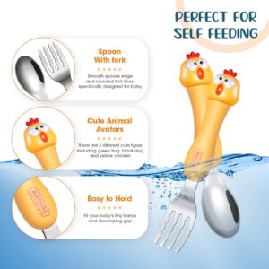 6 Pieces Toddler Utensils Baby Spoon Fork Set Toddler Flatware Set with Travel Case Baby Feeding Training Spoons Forks with Cute Cartoon Handle Stainless Steel Baby Angled Spoons for Age Over 6