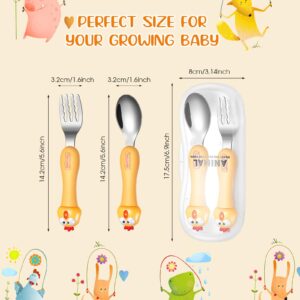 6 Pieces Toddler Utensils Baby Spoon Fork Set Toddler Flatware Set with Travel Case Baby Feeding Training Spoons Forks with Cute Cartoon Handle Stainless Steel Baby Angled Spoons for Age Over 6