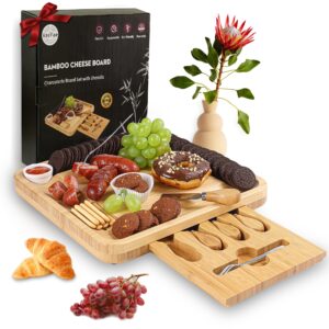 vaefae cheese board and knife set, bamboo charcuterie board with magnetic slide-out drawer and 2 ceramic bowls