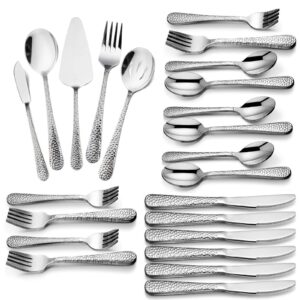 haware hammered 65-piece silverware set for 12, stainless steel flatware cutlery serving utensils, modern design eating tableware for home kitchen hotel restaurant, mirror polished, dishwasher safe