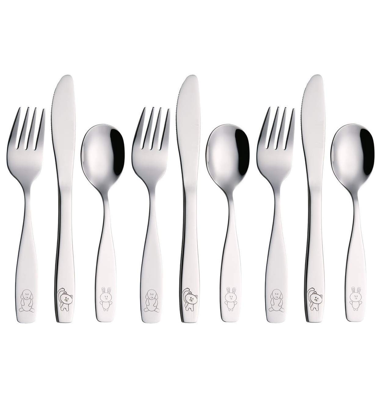 ANNOVA Children's Flatware 9 Pieces Set - Stainless Steel Cutlery/Silverware 3 x Safe Forks, 3 x Dinner Knife, 3 x Dinner Spoons - Safe Kids Toddler Utensils Lunch Box (Engraved Dog Cat Bunny)