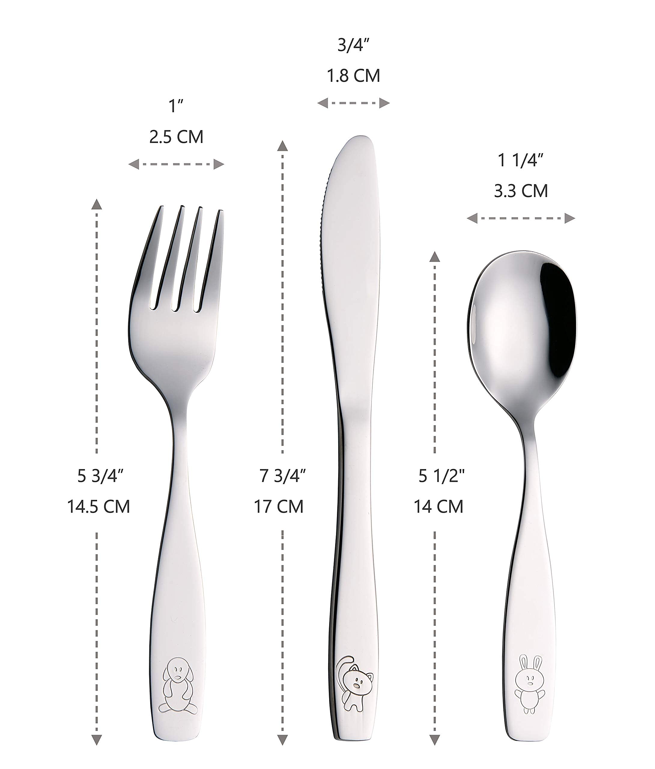 ANNOVA Children's Flatware 9 Pieces Set - Stainless Steel Cutlery/Silverware 3 x Safe Forks, 3 x Dinner Knife, 3 x Dinner Spoons - Safe Kids Toddler Utensils Lunch Box (Engraved Dog Cat Bunny)