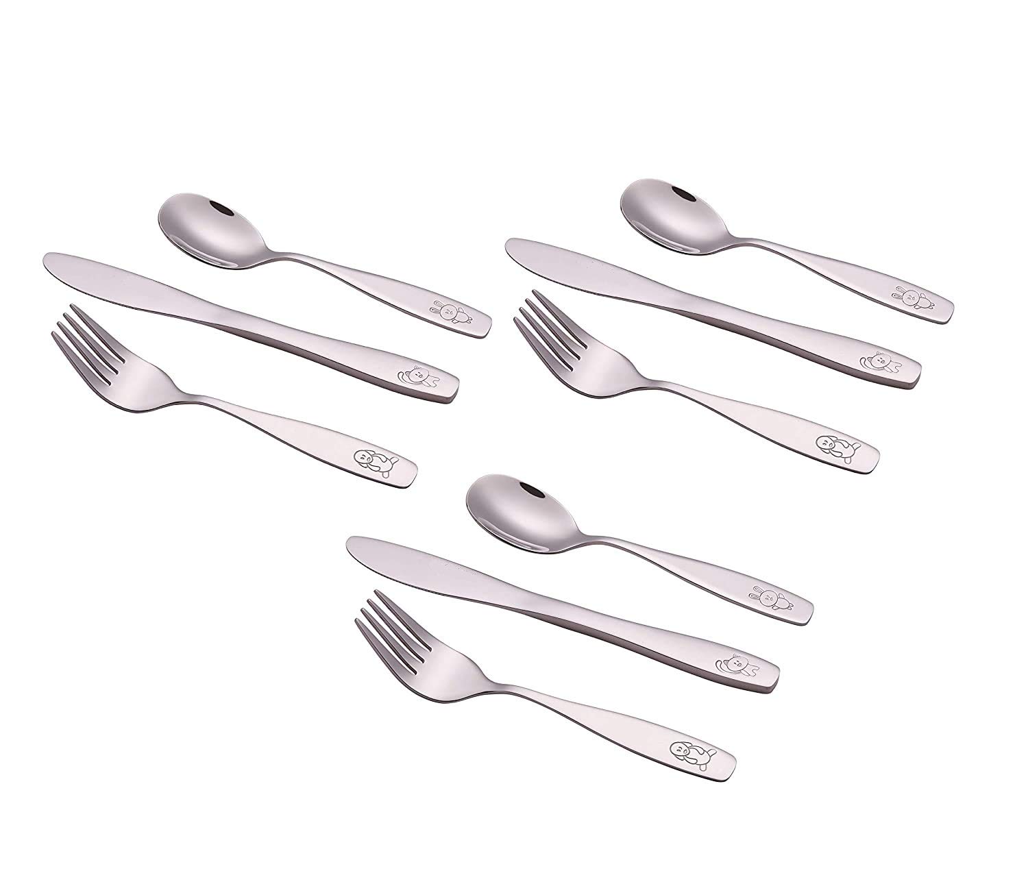 ANNOVA Children's Flatware 9 Pieces Set - Stainless Steel Cutlery/Silverware 3 x Safe Forks, 3 x Dinner Knife, 3 x Dinner Spoons - Safe Kids Toddler Utensils Lunch Box (Engraved Dog Cat Bunny)