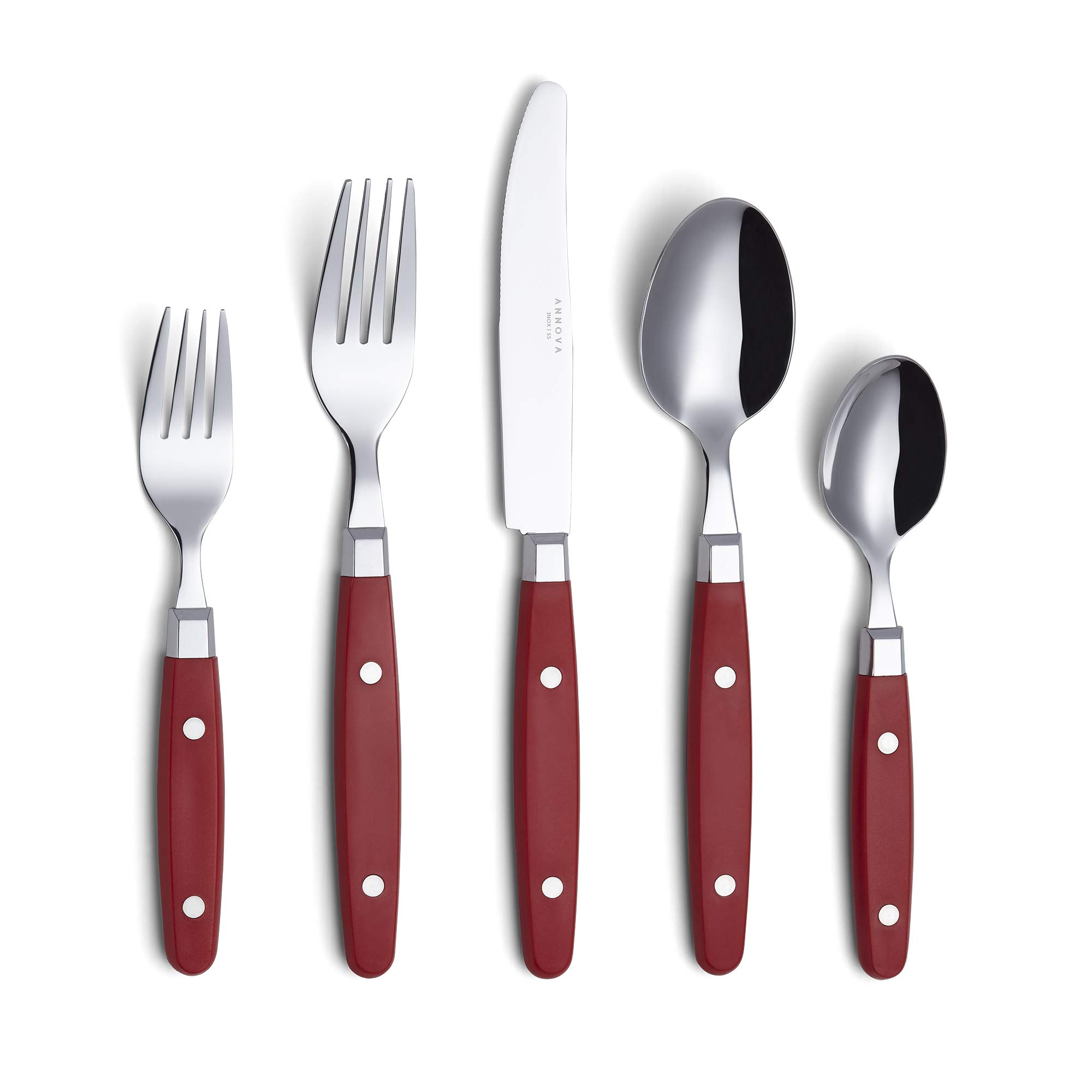 ANNOVA Silverware Set 20 Pieces Stainless Steel Cutlery Color Handle With Rivet/Retro Flatware - 4 x Dinner Knife; 4 x Dinner Fork; 4 x Salad fork; 4 x Dinner Spoon; 4 x Dessert Spoon (Red) Christmas