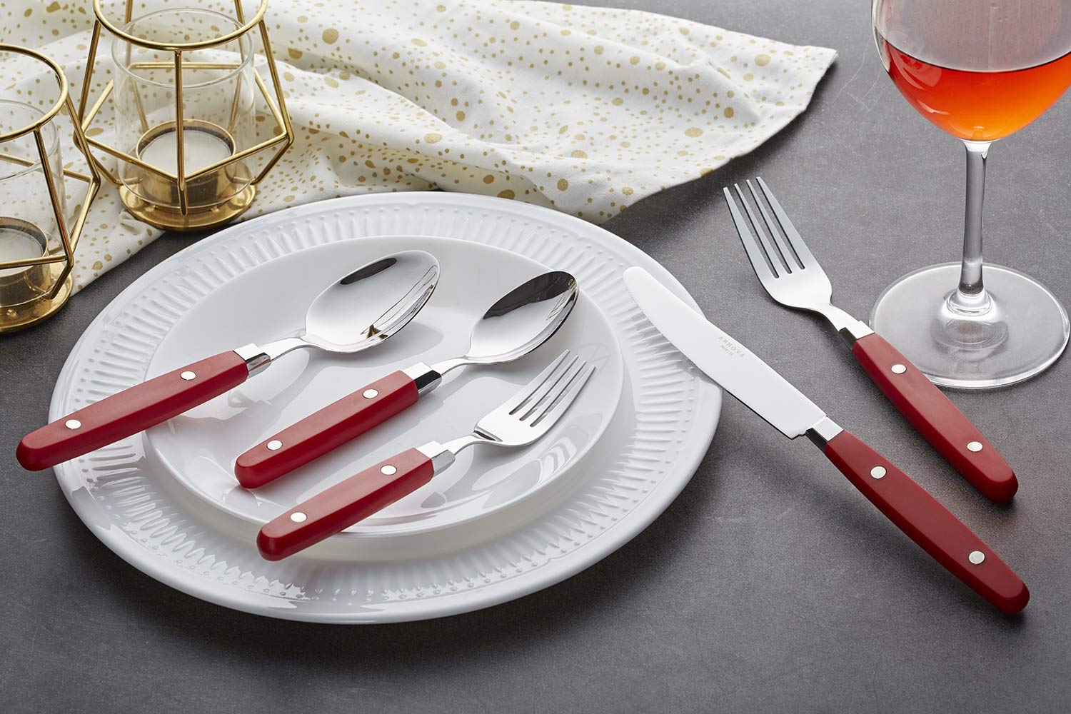 ANNOVA Silverware Set 20 Pieces Stainless Steel Cutlery Color Handle With Rivet/Retro Flatware - 4 x Dinner Knife; 4 x Dinner Fork; 4 x Salad fork; 4 x Dinner Spoon; 4 x Dessert Spoon (Red) Christmas