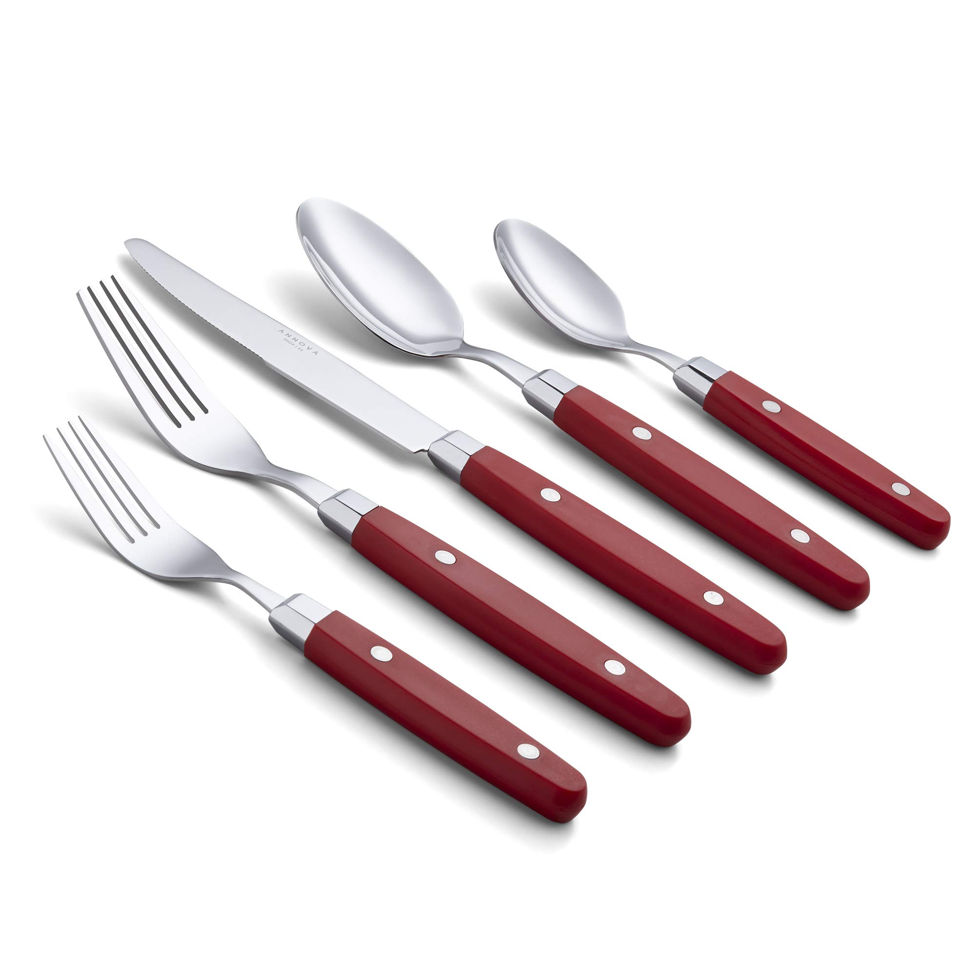 ANNOVA Silverware Set 20 Pieces Stainless Steel Cutlery Color Handle With Rivet/Retro Flatware - 4 x Dinner Knife; 4 x Dinner Fork; 4 x Salad fork; 4 x Dinner Spoon; 4 x Dessert Spoon (Red) Christmas