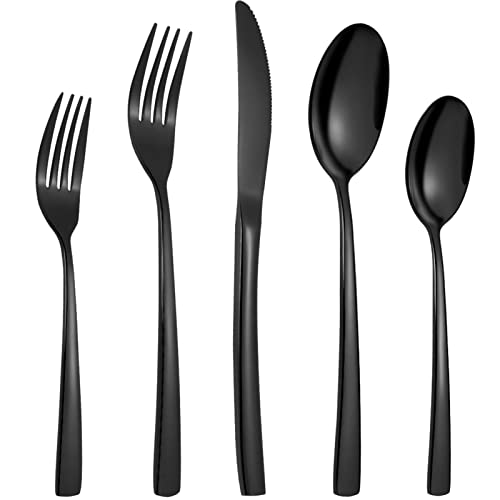 Black Silverware/Flatware/Cutlery Set for 4, 20 Pcs Stainless Steel Utensils Set Service for 4, Modern Kitchen Metal Eating Mirror Polished Tableware Sets Include Knives/Forks/Spoons(Dishwasher Safe)