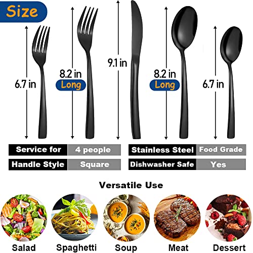 Black Silverware/Flatware/Cutlery Set for 4, 20 Pcs Stainless Steel Utensils Set Service for 4, Modern Kitchen Metal Eating Mirror Polished Tableware Sets Include Knives/Forks/Spoons(Dishwasher Safe)