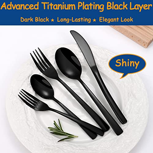 Black Silverware/Flatware/Cutlery Set for 4, 20 Pcs Stainless Steel Utensils Set Service for 4, Modern Kitchen Metal Eating Mirror Polished Tableware Sets Include Knives/Forks/Spoons(Dishwasher Safe)