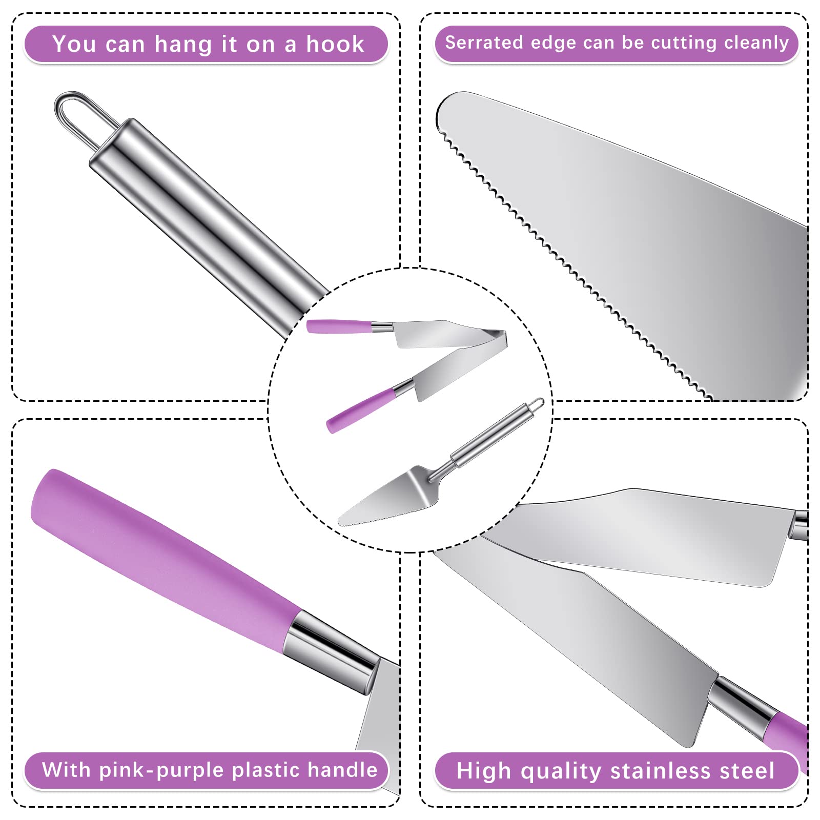 2 Pieces Cake Slicer Cutter Multi Function Stainless Steel Cake Spatula Stainless Steel Cake Server Set for Cakes Pie Desserts Pizza (Pink Purple)