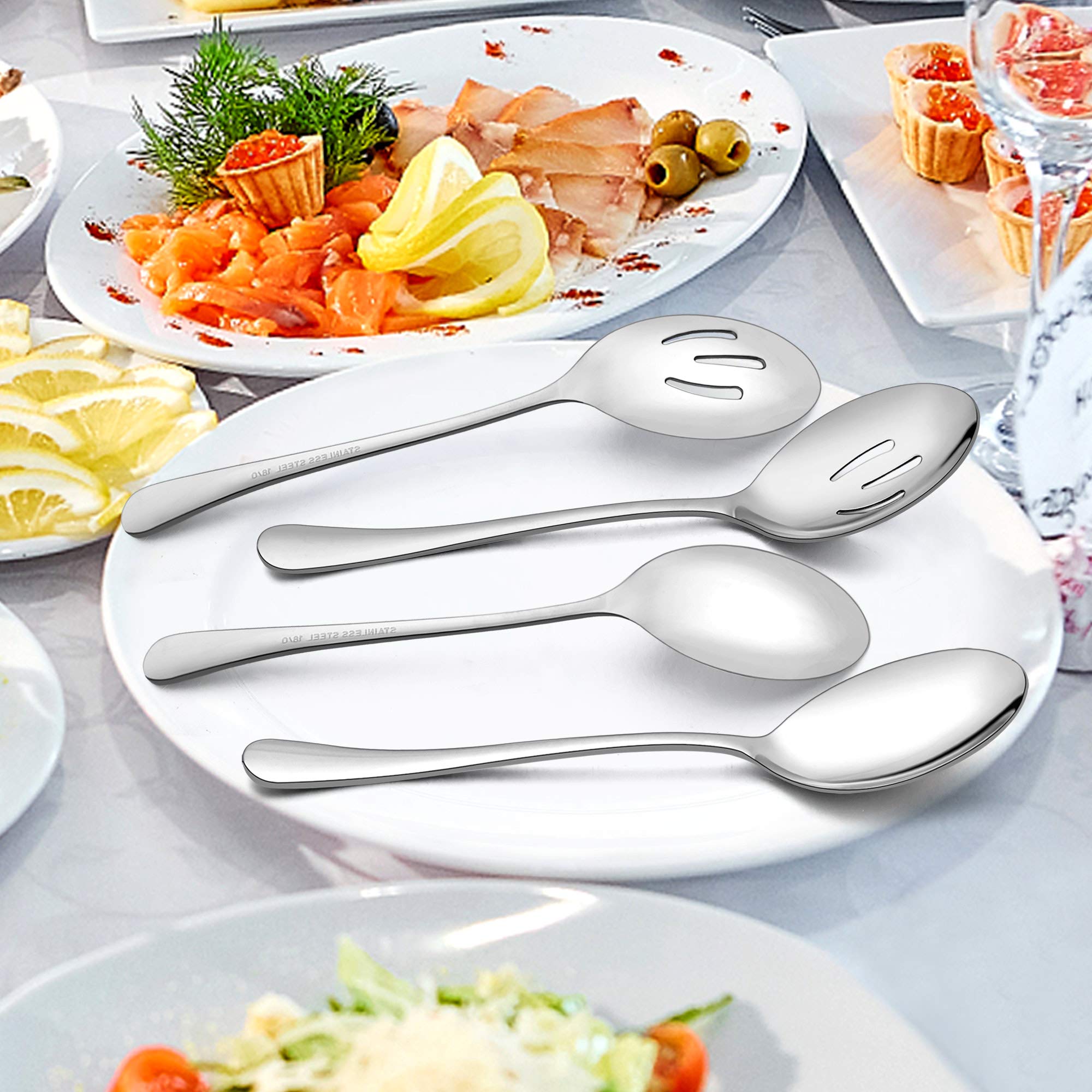 LIANYU 12-Piece Large Serving Utensils Set, Include 9.8 Inch Slotted Serving Spoons and Forks, 9.4 Inch Serving Tongs, Stainless Steel Hostess Serving Flatware Set for Catering Party, Dishwasher Safe