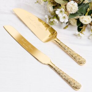 vomiceak wedding cake knife and server set, personalized gold cake serving set, engraved cake cutting set for wedding, pie server pizza cutter, bridal gift(cus-flower)