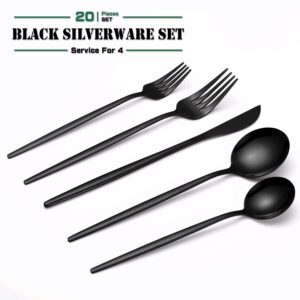 20 Pieces Black Silverware Set, Stainless Steel Flatware Sets Includes Spoons Forks Knives, Cutlery Utensils Set Service for 4, Black Mirror Polished, Dishwasher Safe