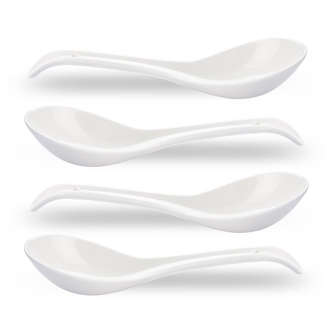 CHILDIKE Porcelain Soup Spoons Set of 4, Ceramic Chinese Soup Spoons 6.6 Inch, Asian Soup Spoons, Japanese Ramen Spoons, White