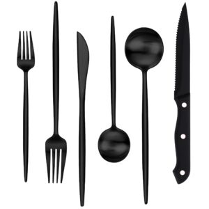 stapava 24 pieces matte black silverware set with steak knives, stainless steel flatware cutlery set service for 4, utensils sets for home restaurant, satin finished polished & dishwasher safe