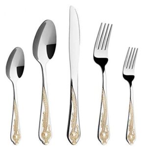 gold silverware set, 20 piece stainless steel golden flatware set for 4, silver tableware set with 24k gold-plated trim, eating utensils, great for family gatherings & daily use(prestige)