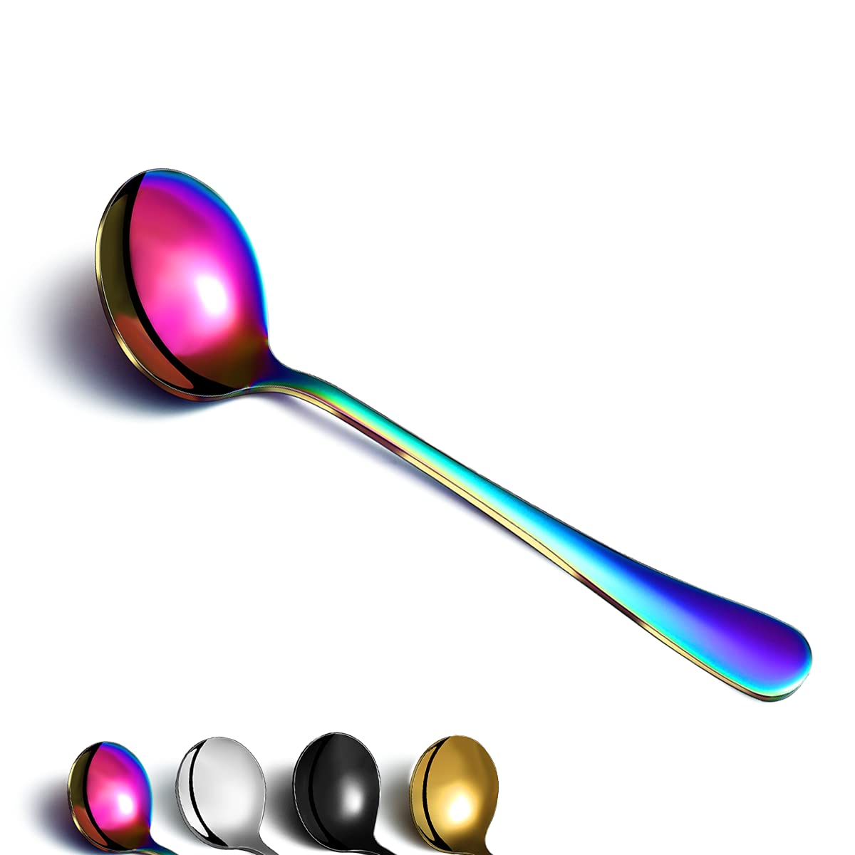 Rainbow Soup Spoon of 4, Berglander 7.5" Stainless Steel Titanium Plating Shiny Mutilcolor Round Spoons Silverware, Colorful Table Spoon Table Spoon Set Sturdy Easy To Clean, Dishwasher Safe