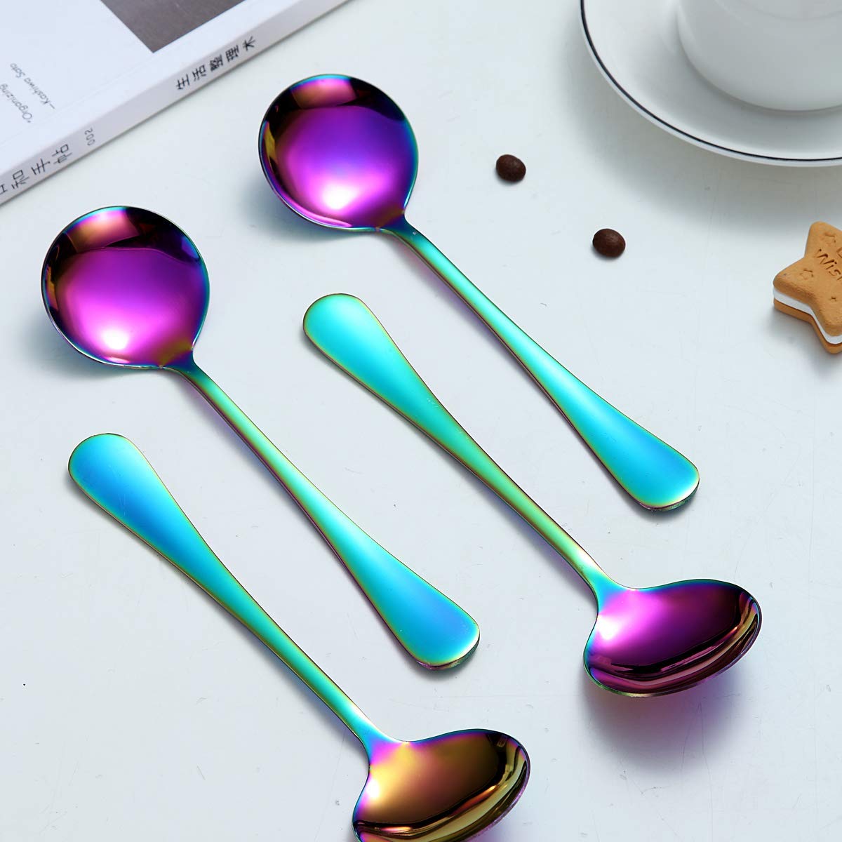 Rainbow Soup Spoon of 4, Berglander 7.5" Stainless Steel Titanium Plating Shiny Mutilcolor Round Spoons Silverware, Colorful Table Spoon Table Spoon Set Sturdy Easy To Clean, Dishwasher Safe