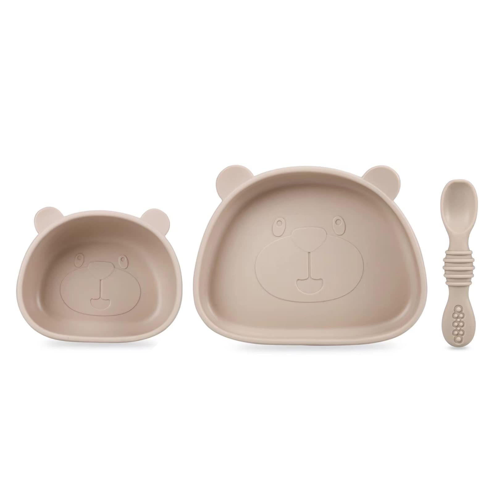 PandaEar Baby led Weaning Supplies BLW, Silicone Suction Toddler Plate Suction Bowl and Spoon for Self Feeding, Toddler Utensils Feeding Set Baby Eating Supplies (Bear Shape Tawny)