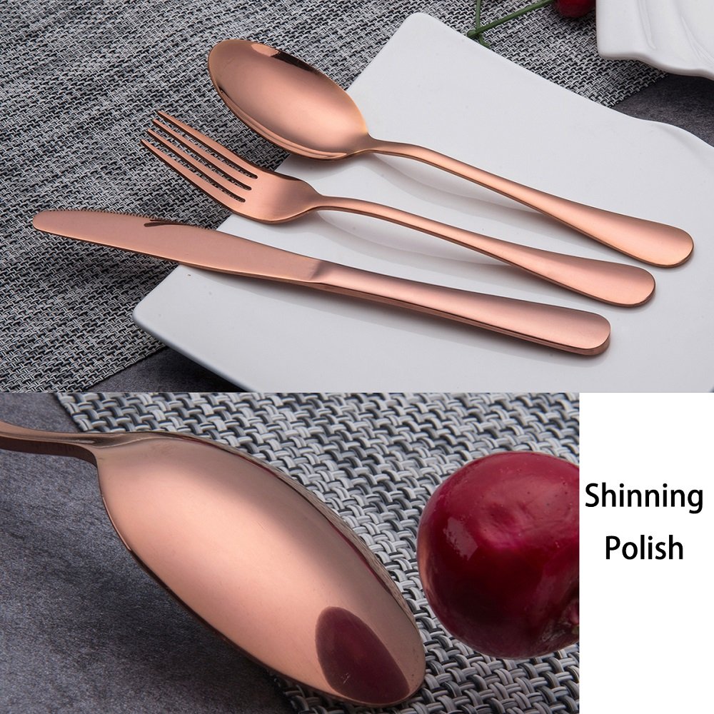 Berglander Rose Gold Silverware Set, 20 Piece Stainless Steel Copper Flatware Set Cutlery Sets, Service for 4 (Shiny Rose Gold)