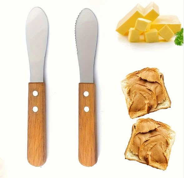 Performore 2PCS Spreader Knives, 12” Peanut Butter Knife that Works Great with Jars and 5” Short Spreading Knife, Stainless Steel Spatulas with Wooden Handle Spreader Set