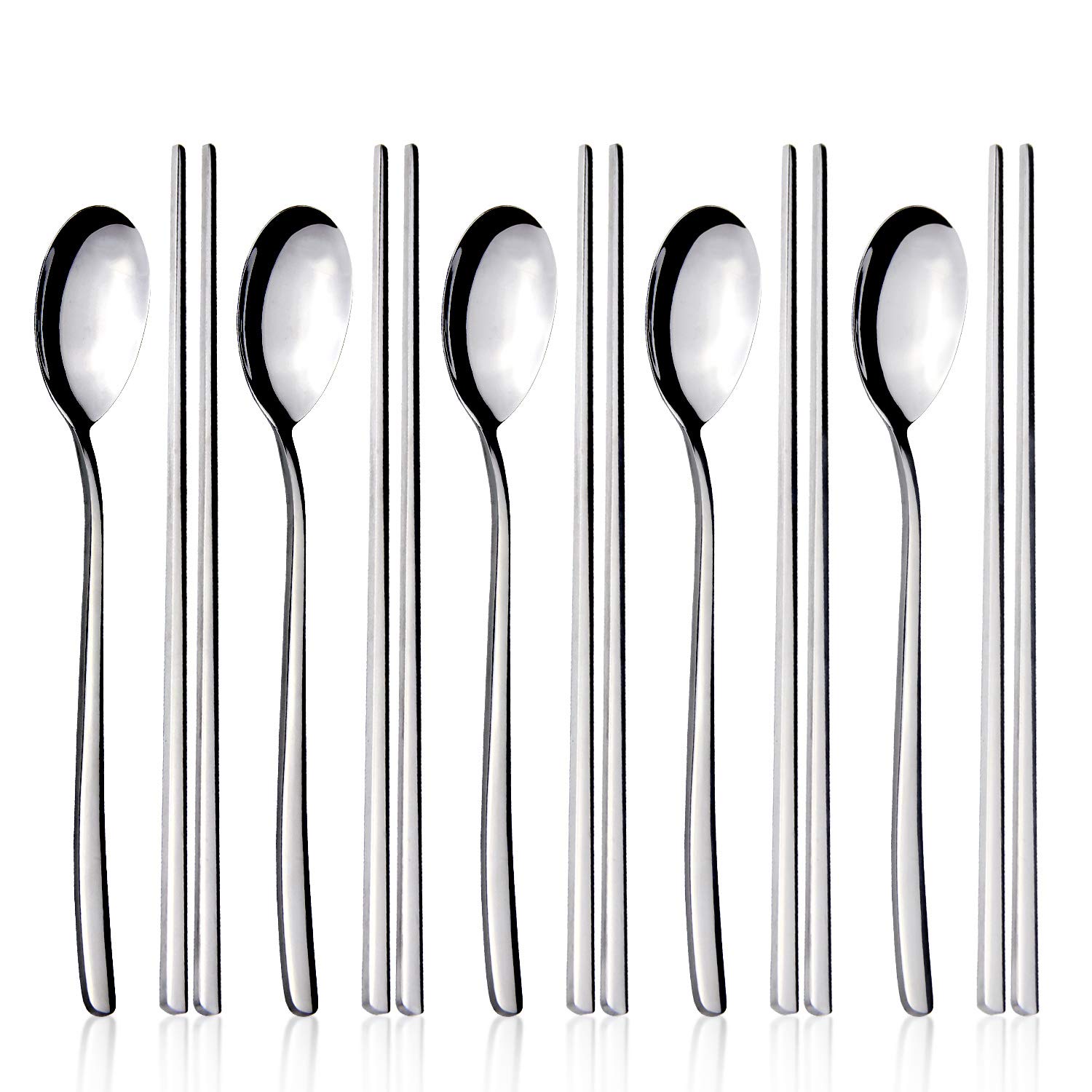 IQCWOOD Spoon and Chopsticks Set, 5 Pair Stainless Steel Metal Chopsticks Spoon Set, 5 Set Korean Chopsticks and Spoons, Reusable Flat Long handle Chopstick Spoon Set for Home, Kitchen or Restaurant