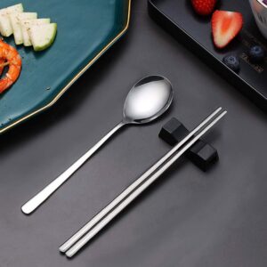 IQCWOOD Spoon and Chopsticks Set, 5 Pair Stainless Steel Metal Chopsticks Spoon Set, 5 Set Korean Chopsticks and Spoons, Reusable Flat Long handle Chopstick Spoon Set for Home, Kitchen or Restaurant