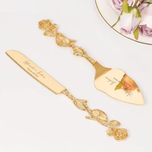 tukdak cake cutting set for wedding, personalized gold cake knife and server set, custom cake serving set, engraved pastry pie server cake pizza cutter, birthday bridal gift (cus-rose)