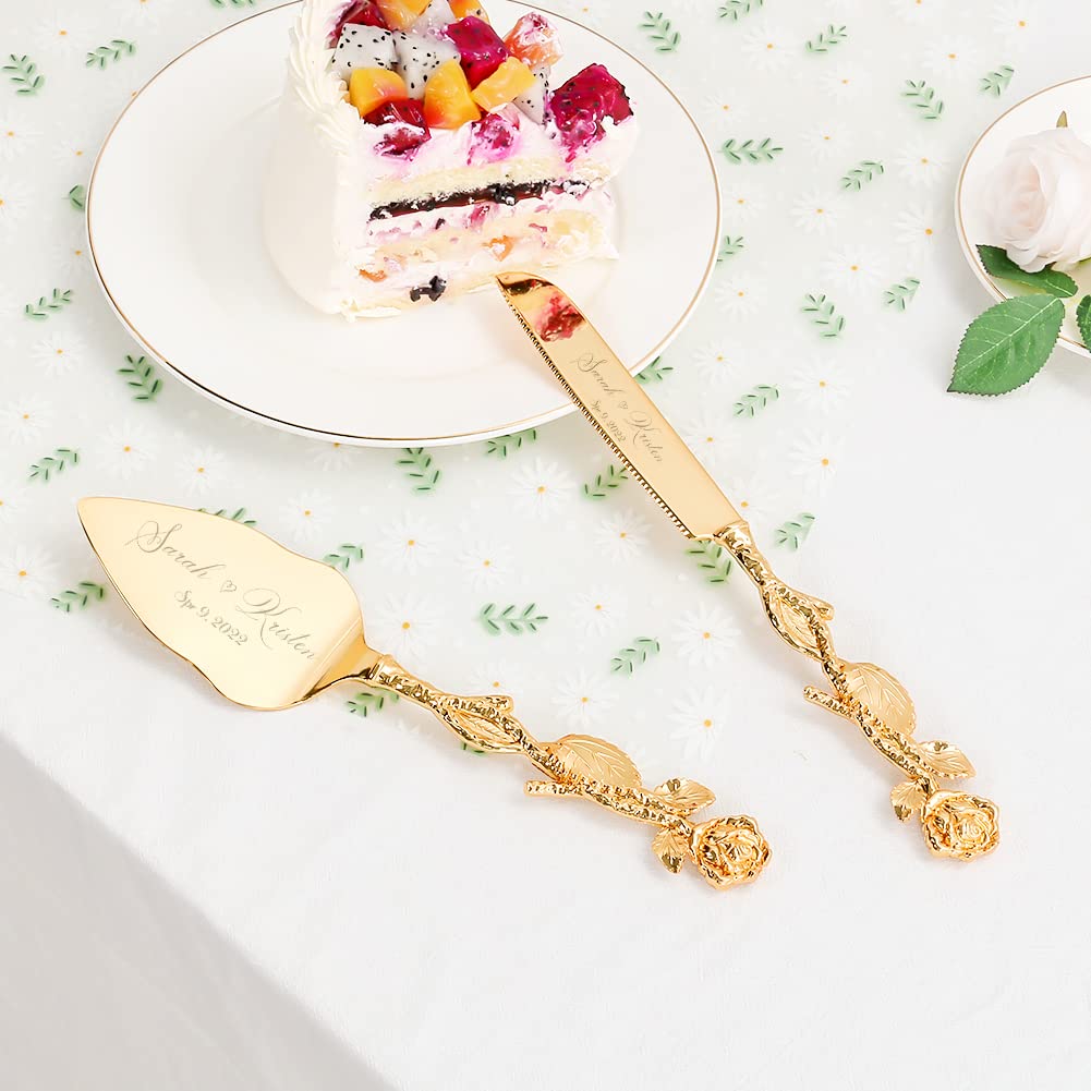 TUKDAK Cake Cutting Set for Wedding, Personalized Gold Cake Knife and Server Set, Custom Cake Serving Set, Engraved Pastry Pie Server Cake Pizza Cutter, Birthday Bridal Gift (CUS-Rose)