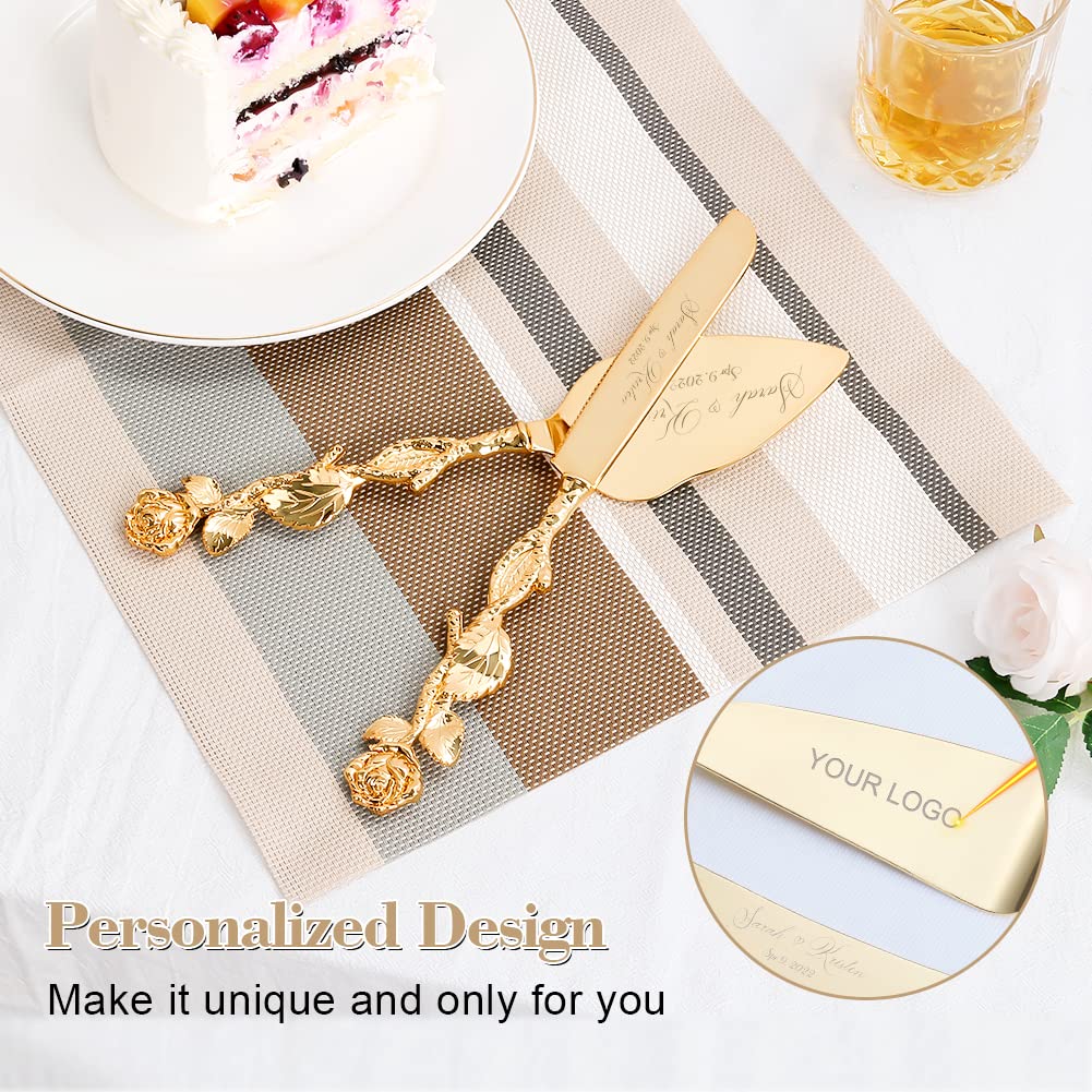 TUKDAK Cake Cutting Set for Wedding, Personalized Gold Cake Knife and Server Set, Custom Cake Serving Set, Engraved Pastry Pie Server Cake Pizza Cutter, Birthday Bridal Gift (CUS-Rose)