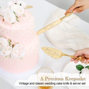 TUKDAK Cake Cutting Set for Wedding, Personalized Gold Cake Knife and Server Set, Custom Cake Serving Set, Engraved Pastry Pie Server Cake Pizza Cutter, Birthday Bridal Gift (CUS-Rose)