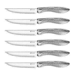 hissf serrated steak knives, stainless steel sharp blade flatware steak knives set of 6, unique hammered pattern hollowed handle,4.5 in,for kitchen restaurant tableware, dishwasher safe