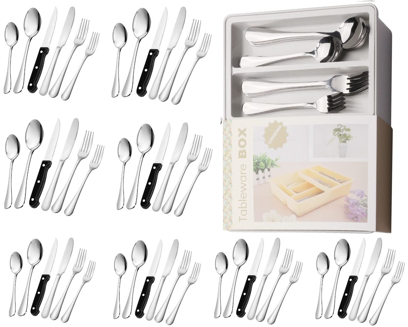 50PCS Silverware Set with Organizer, Silverware Drawer Organizers Durable Stainless Steel Flatware Set for 8 Cutlery Forks Spoons Steak Knives Kitchen Utensils Tray, Mirror Polished Dishwasher Safe