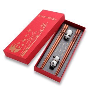 efaithtek cute panda chopsticks and chopstick rest gift set, reusable wooden chopsticks set with ceramic chopsticks holder and red gift case for wedding, anniversary, birthday presents (2 pairs)