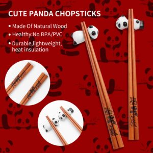 Efaithtek Cute Panda Chopsticks and Chopstick Rest Gift Set, Reusable Wooden Chopsticks Set with Ceramic Chopsticks Holder and Red Gift Case for Wedding, Anniversary, Birthday Presents (2 Pairs)