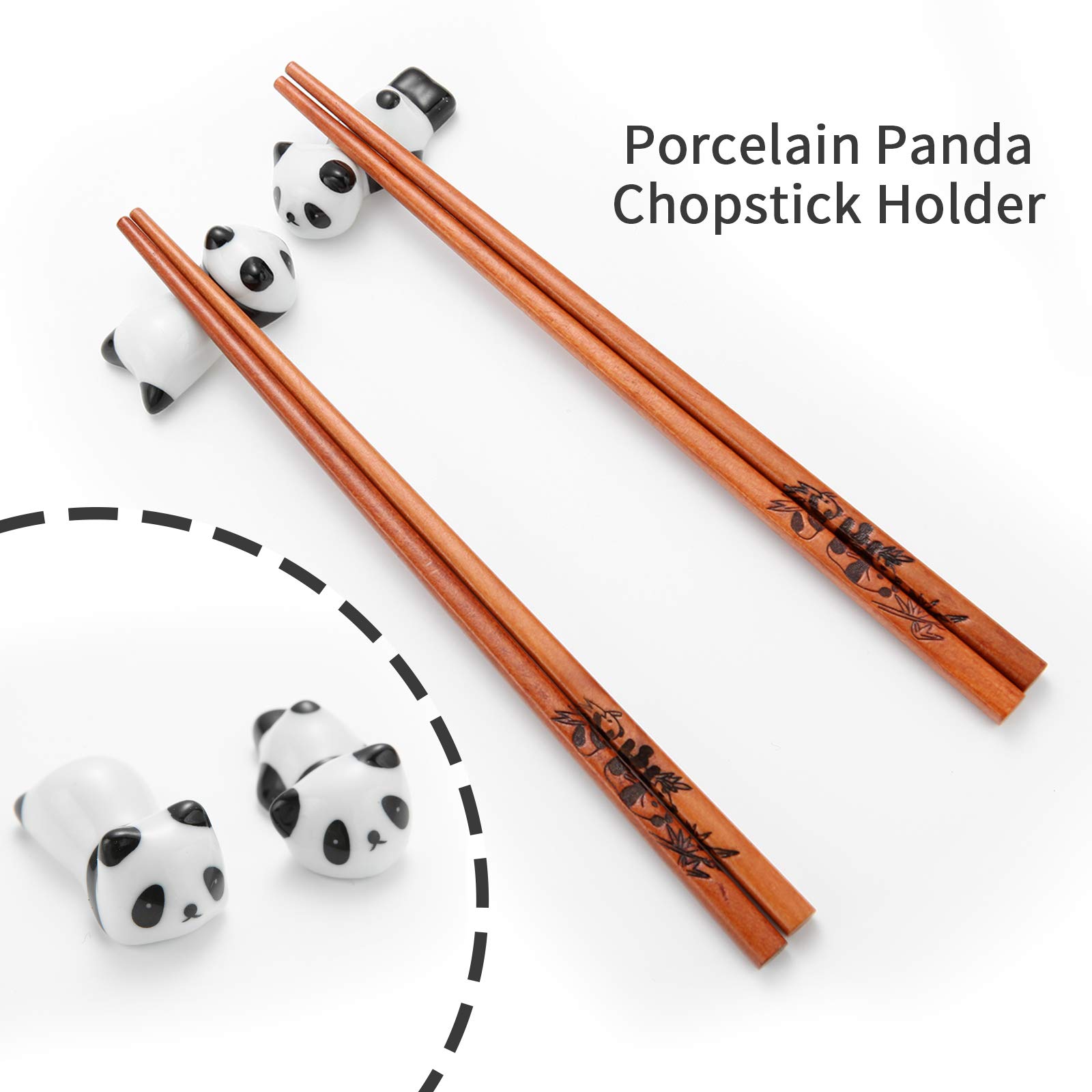 Efaithtek Cute Panda Chopsticks and Chopstick Rest Gift Set, Reusable Wooden Chopsticks Set with Ceramic Chopsticks Holder and Red Gift Case for Wedding, Anniversary, Birthday Presents (2 Pairs)