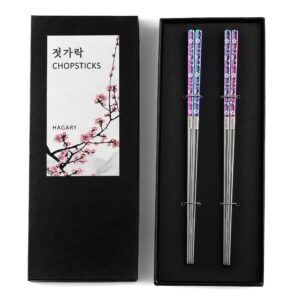 hagary cherry blossom rainbow chopsticks metal chopsticks reusable designed in korea japanese style stainless steel 316 18/10 non-slip dishwasher safe (2 pairs)