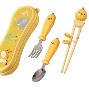 Goryeo Baby Toddler Utensils Stainless Steel Kids Silverware Set with Kids Training Chopsticks and Baby Spoon and Fork for Self Feeding Learning with Case (3PCS)(Yellow)