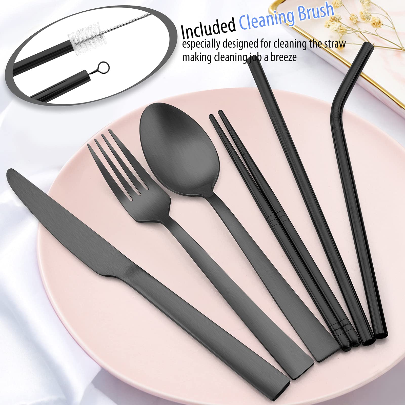 Matte Black Travel Utensils Set, E-far 8-Piece Metal Travel Silverware Portable Camping Reusable Cutlery Flatware Set Includes Knife, Fork, Spoon, Chopsticks, Straws - Charcoal Gray Case