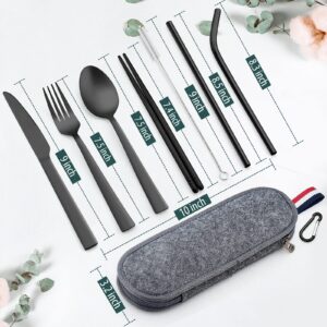 Matte Black Travel Utensils Set, E-far 8-Piece Metal Travel Silverware Portable Camping Reusable Cutlery Flatware Set Includes Knife, Fork, Spoon, Chopsticks, Straws - Charcoal Gray Case