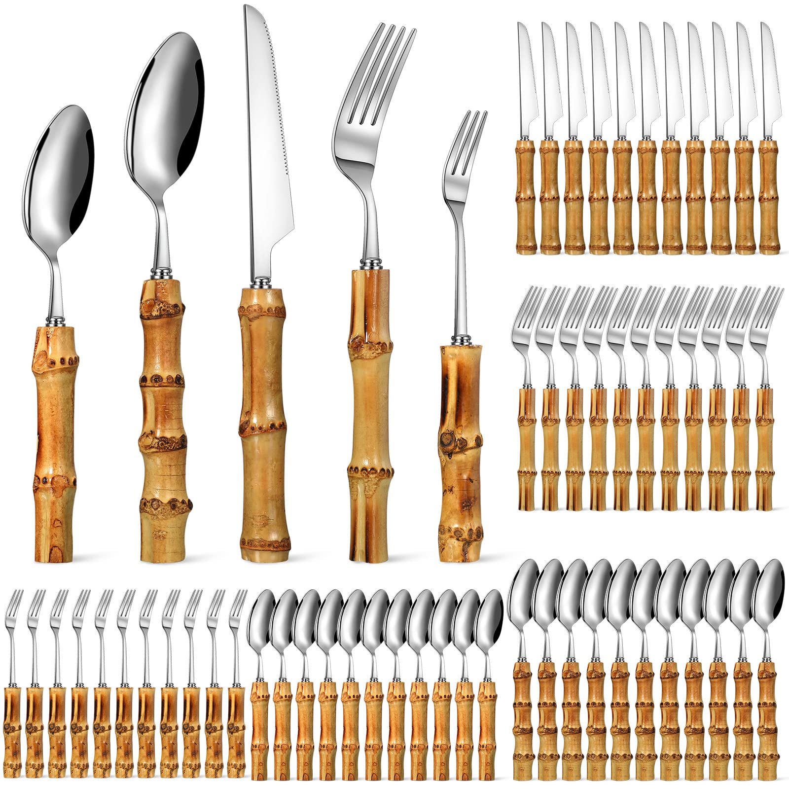 Bamboo Silverware Set 18/8 Stainless Steel Tableware Set Natural Bamboo Utensil Flatware Set Spoon Fork Knives Bamboo Handle Cutlery Set for Kitchen Wedding Home Restaurant Party (Silver, 60 Pieces)