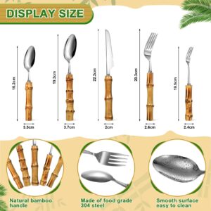 Bamboo Silverware Set 18/8 Stainless Steel Tableware Set Natural Bamboo Utensil Flatware Set Spoon Fork Knives Bamboo Handle Cutlery Set for Kitchen Wedding Home Restaurant Party (Silver, 60 Pieces)