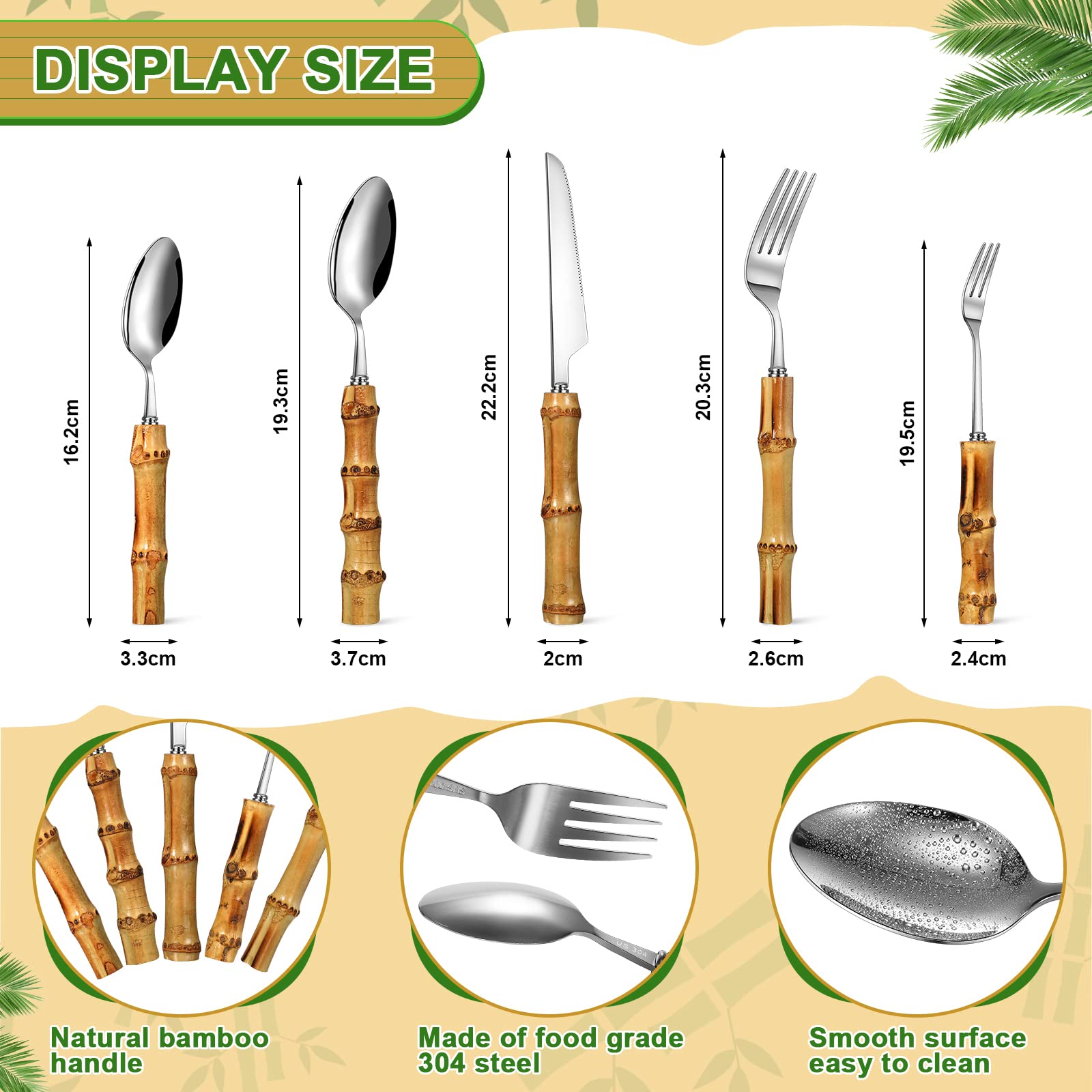 Bamboo Silverware Set 18/8 Stainless Steel Tableware Set Natural Bamboo Utensil Flatware Set Spoon Fork Knives Bamboo Handle Cutlery Set for Kitchen Wedding Home Restaurant Party (Silver, 60 Pieces)