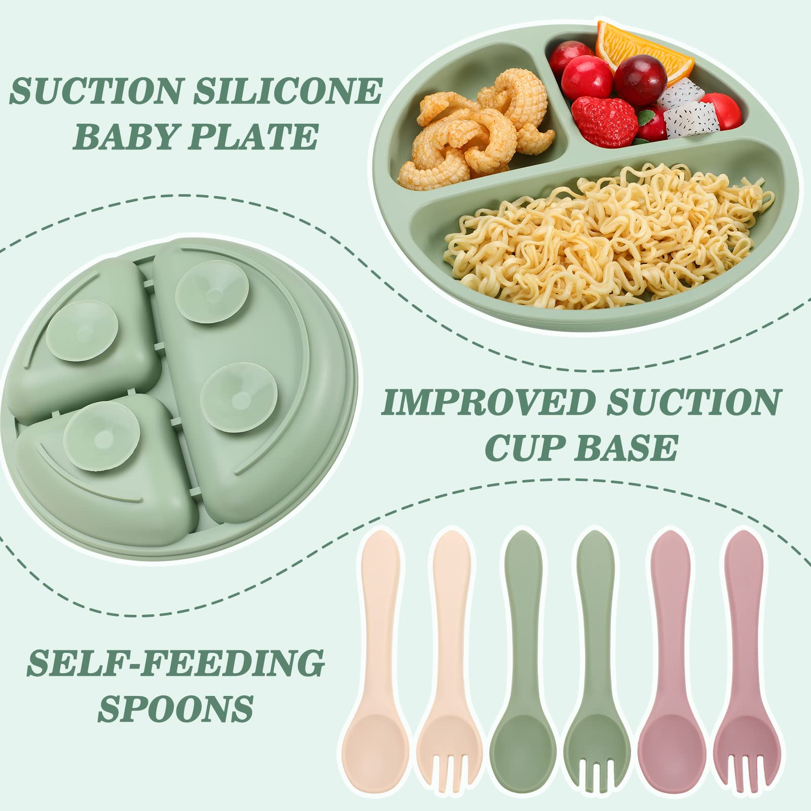 18 Pcs Silicone Baby Feeding Set Infant Dinnerware Adjustable Silicone Toddler Bibs Baby Plates and Bowls Set Suction Bowls Divided Plates Spoons Fork Cups Utensils(Beige, Pink, Navy Green)