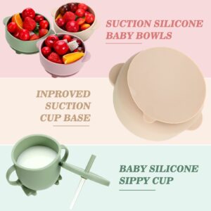 18 Pcs Silicone Baby Feeding Set Infant Dinnerware Adjustable Silicone Toddler Bibs Baby Plates and Bowls Set Suction Bowls Divided Plates Spoons Fork Cups Utensils(Beige, Pink, Navy Green)