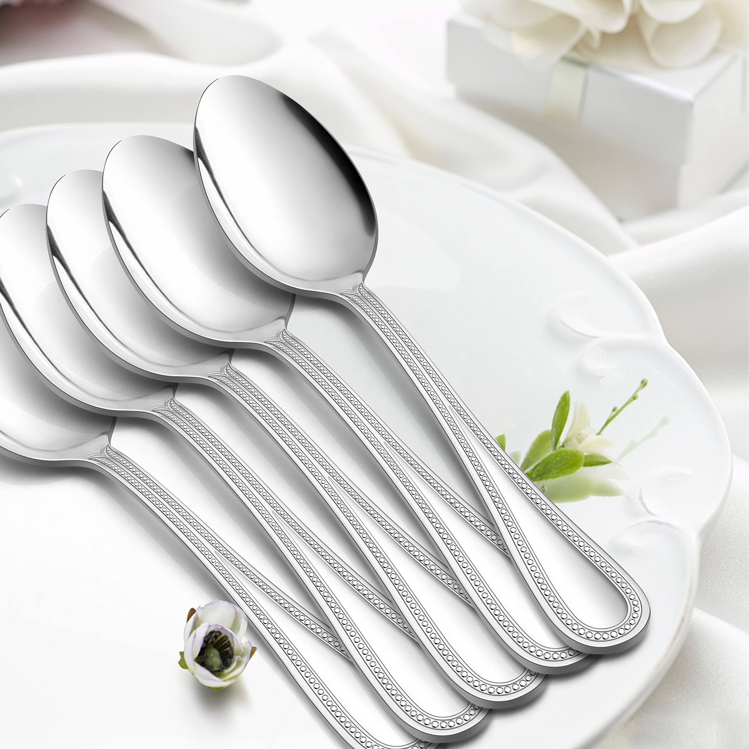 Dinner Spoons Set of 12, E-far Stainless Steel Spoons Silverware with Pearled Edge for Home/Kitchen/Restaurant, Mirror Polished & Dishwasher safe-7.9 Inches