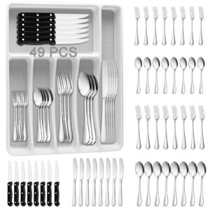 49pcs silverware set with organizer, durable stainless steel flatware drawer cutlery set for 8, kitchen utensils with steak knives mirror polished dinner knife forks spoons tableware service tray