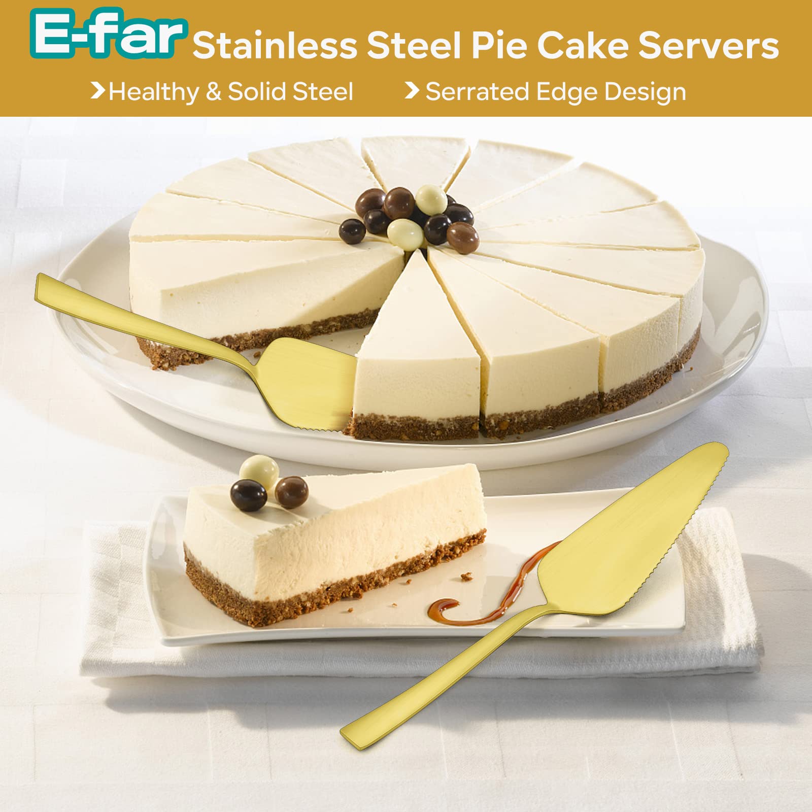 Matte Gold Pie Server Set of 5, E-far 8.9 Inch Stainless Steel Cake Server Cutter for Pastry Cheese Pizza, Serrated Edge with Square Handle